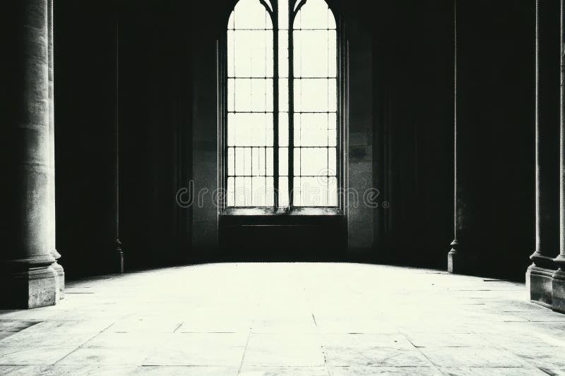 Serene Interior of an Empty Gothic Hall with Tall Arched Windows in ...