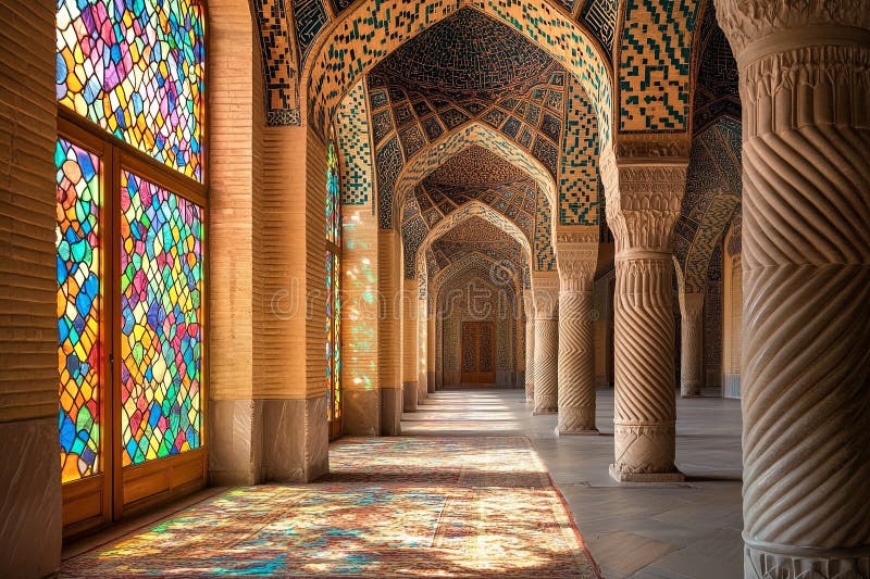 Serene Interior of Grand Mosque with Intricate Tile Work and Colorful ...
