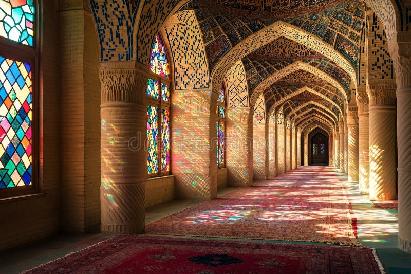 Serene Interior of Grand Mosque with Intricate Tile Work and Colorful ...