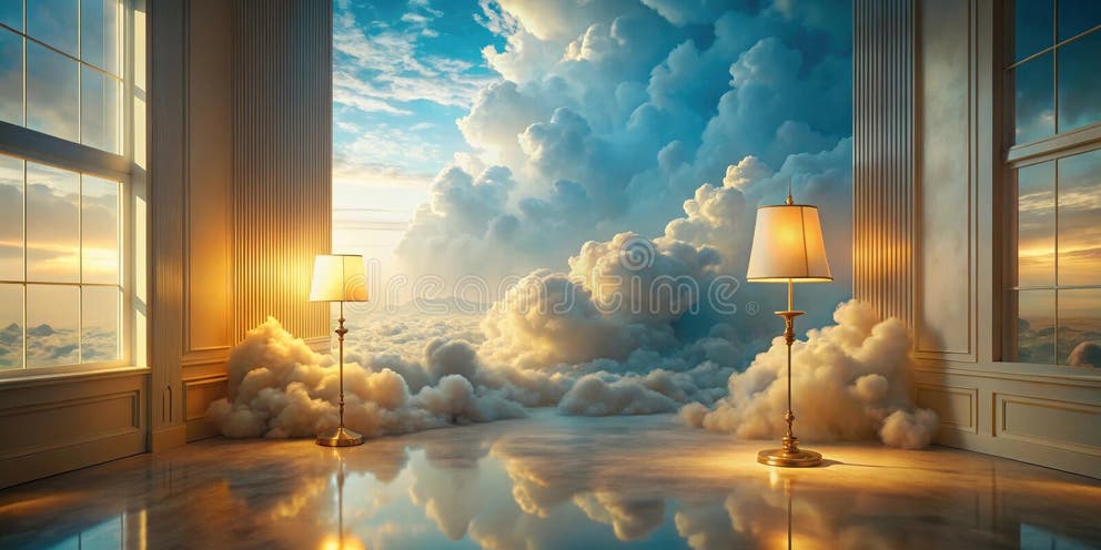 Serene Interior with Illuminated Floor Lamps and a Dreamlike Cloudscape ...