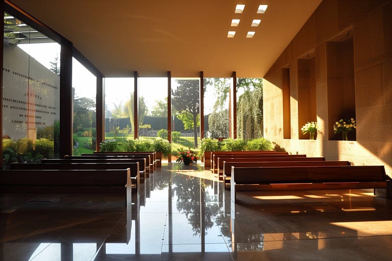 The Serene Interior of a Modern Funeral Hall Features Sunlight ...