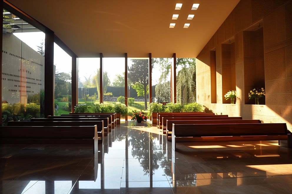 The Serene Interior of a Modern Funeral Hall Features Sunlight ...