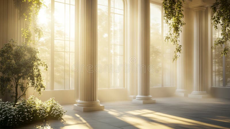 Serene Interior Space Featuring Tall Pillars and Sunlight Streaming ...