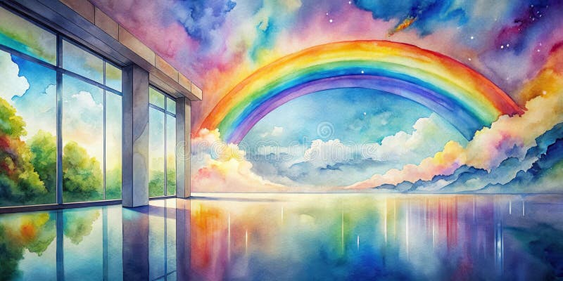 Serene Interior Space with a Vibrant Rainbow and Peaceful Reflection ...