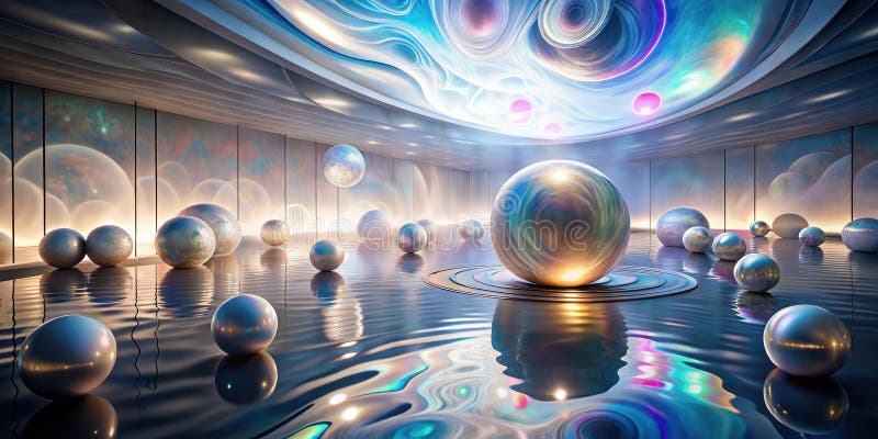 Serene Iridescent Spheres Float on a Reflective Surface within a ...