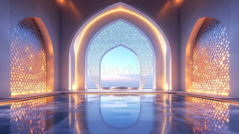 Serene Islamic Architecture Interior Design with Ocean View Stock Illustration - Illustration of ...