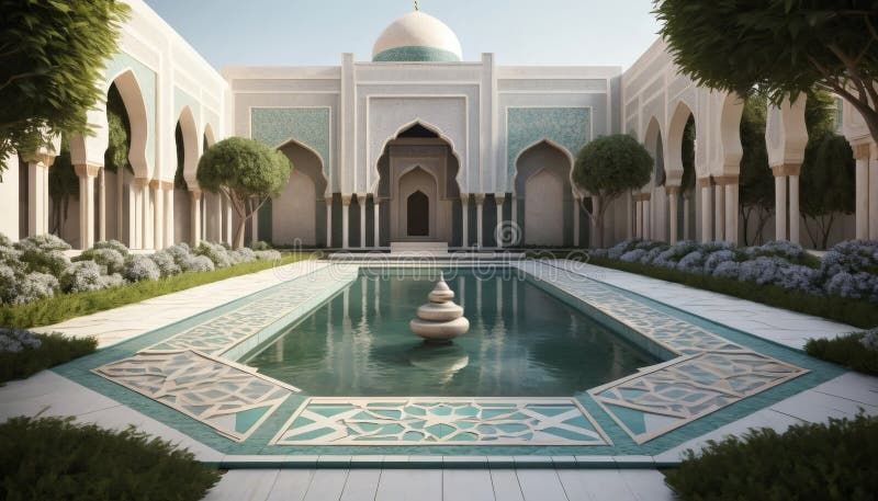 Serene Islamic Courtyard stock illustration. Illustration of reflecting ...