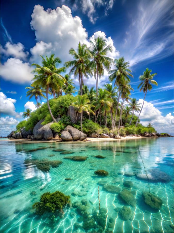 Serene Island Oasis with Crystal Clear Waters and Palm Trees Stock ...