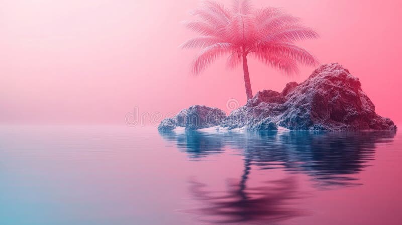 Serene Island with Palm Tree in Pink Mist at Sunrise Stock Photo ...