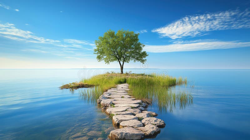 Serene Island with Tree and Stone Pathway Stock Image - Image of ...