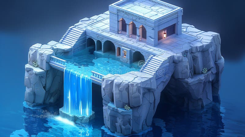 A Serene, Isometric Fantasy Structure with Cascading Waterfalls ...
