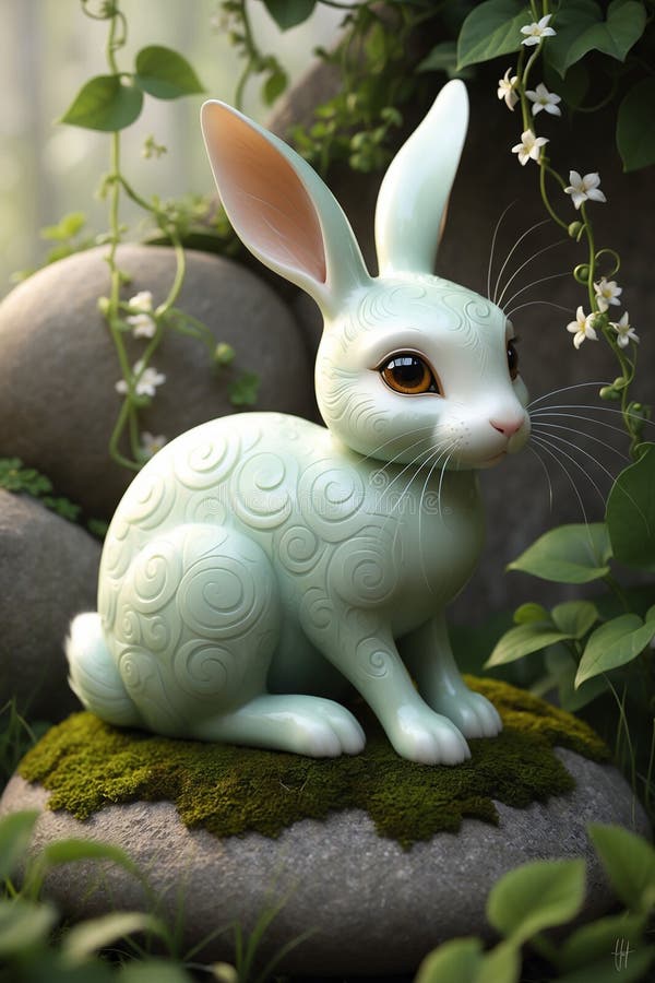 A Serene Jade Rabbit Sits Peacefully on a Moss-covered Stone ...