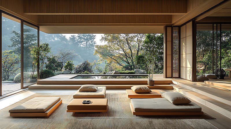 Serene Japandi Living Room with Low Profile Seating and Natural Light ...