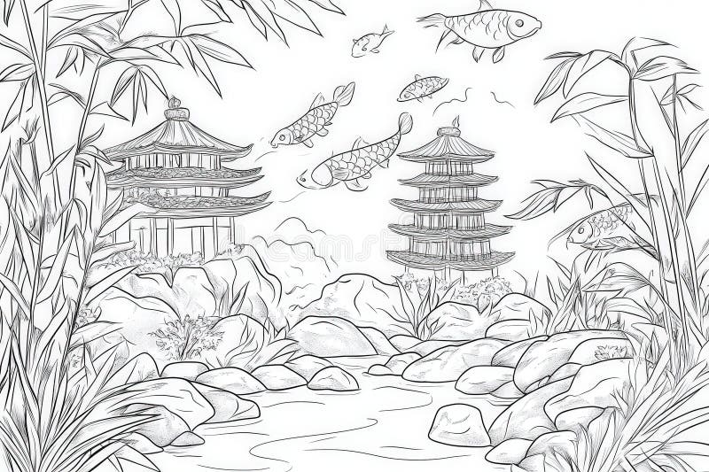 Serene Japanese Garden with Koi Fish and Pagodas Stock Photo - Image of ...
