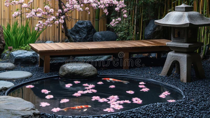 Serene Japanese Garden with Koi Pond and Cherry Blossoms in Springtime ...