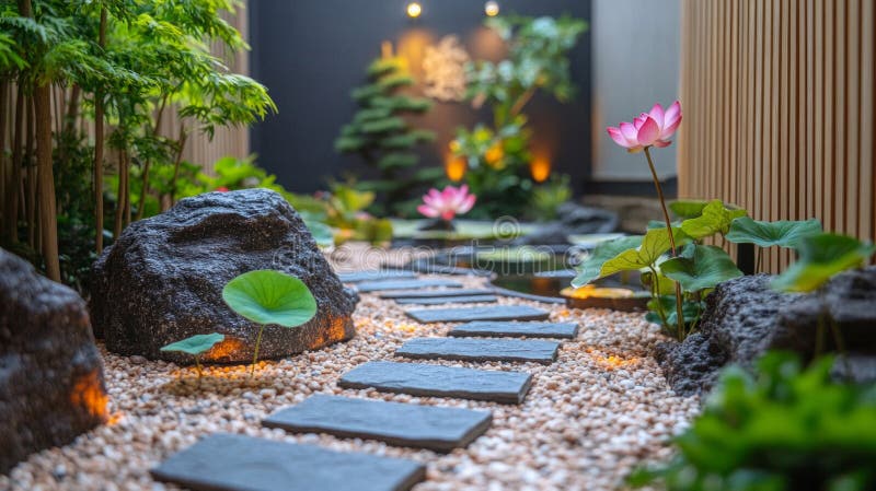 Zen Garden with Lotus Flower Stock Illustration - Illustration of ...