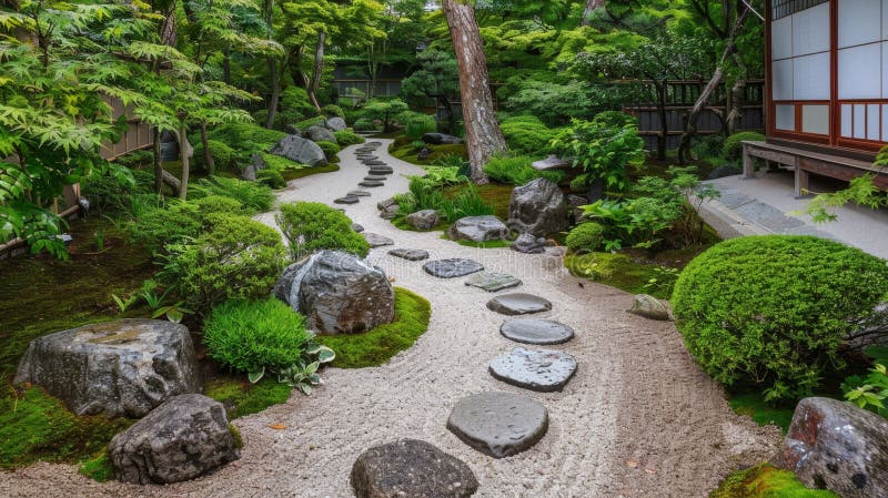 Serene Japanese Garden Path with Stepping Stones and Greenery Stock ...