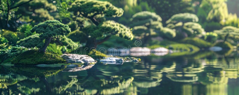 Serene Japanese Garden with Pond Reflections and Lush Greenery Stock ...