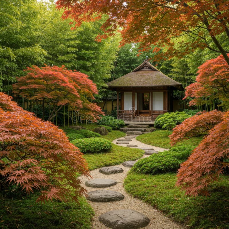Serene Japanese Garden with Red Maple Trees and Stone Path Stock ...
