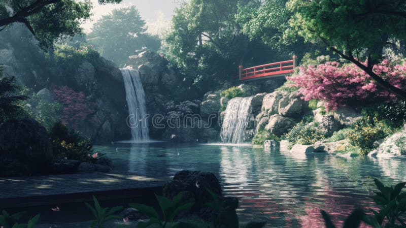Serene Japanese Garden Waterfall with Red Bridge Stock Illustration ...