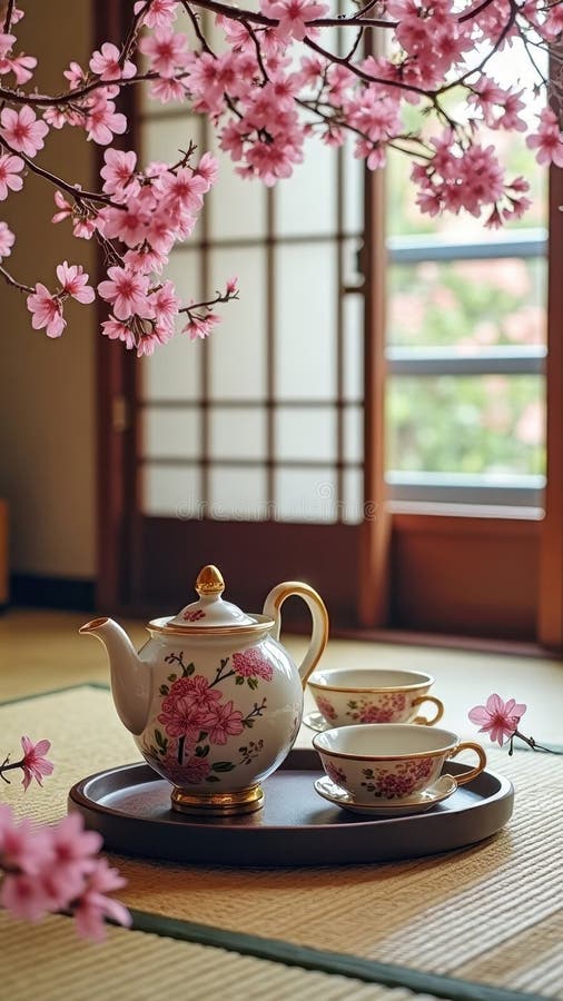 Serene Japanese Tea Setting with Cherry Blossoms and Traditional Teapot Stock Image - Image of ...