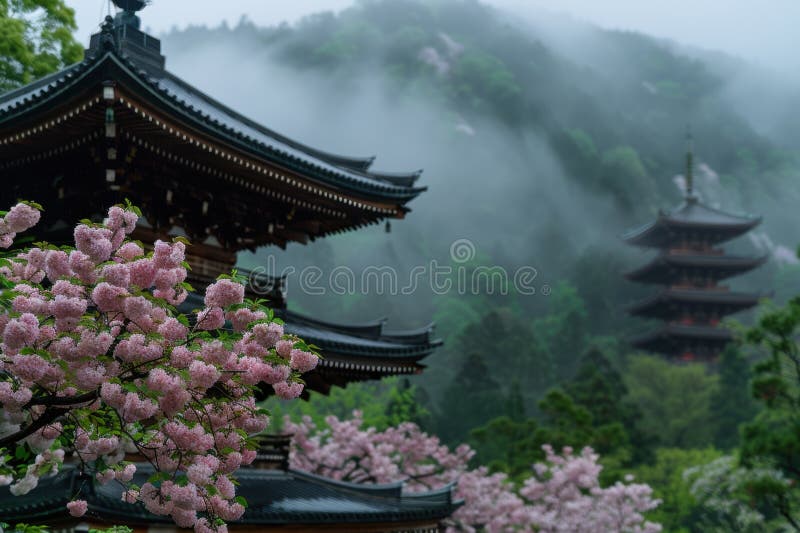Serene Japanese Temple in the Mist Stock Illustration - Illustration of ...