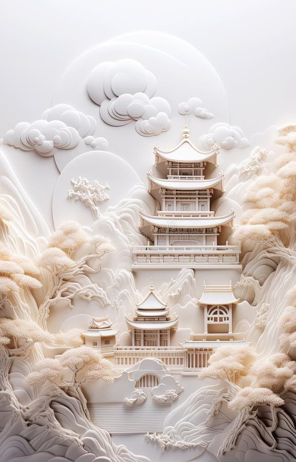 Serene Japanese Temple in White Paper Cut Style Stock Illustration ...