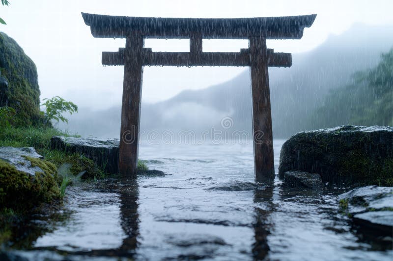 Serene Japanese Torii Gate in Misty Forest Landscape Stock Illustration ...