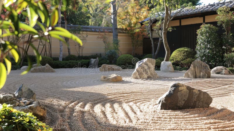 Serene Japanese Zen Garden with Raked Sand Patterns Stock Illustration ...