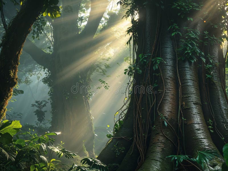 Serene Jungle Landscape with Sun Rays Filtering through Trees Stock ...