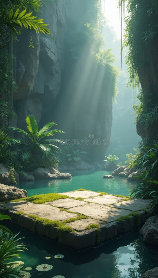 Serene Jungle Oasis with Sunlight Streaming through Rocky Cliffs Stock ...