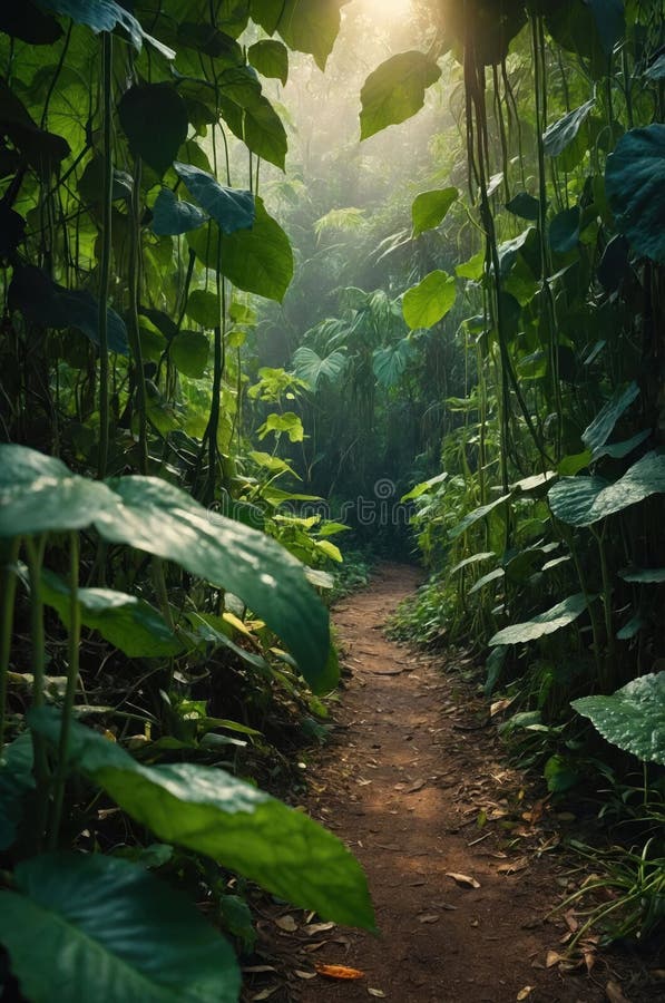 Mysterious Jungle Path: Sunlit Trail through Lush Rainforest Foliage ...