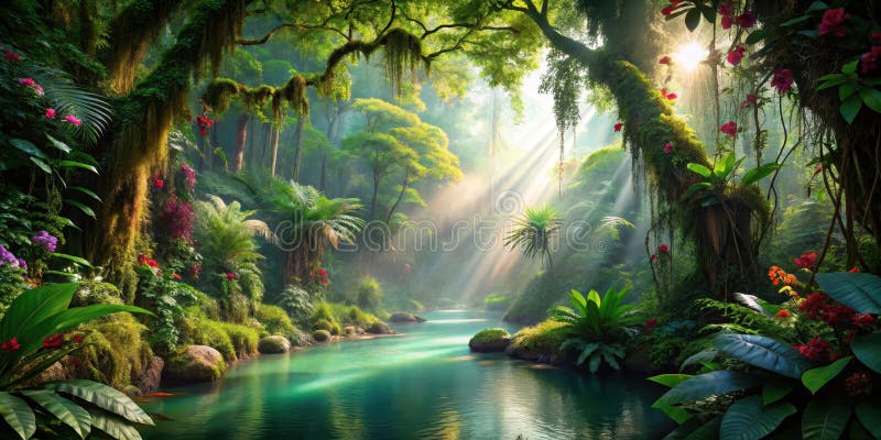 Serene Jungle River at Dawn Lush Foliage and Sunlight Beams through ...