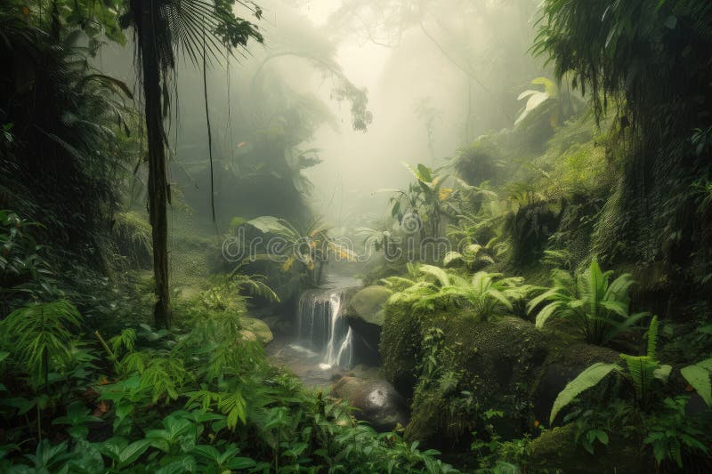 Serene Jungle Scene with Waterfall, Surrounded by Mist and Greenery ... Serene Jungle Scene with Waterfall, Surrounded by Mist and Greenery ...