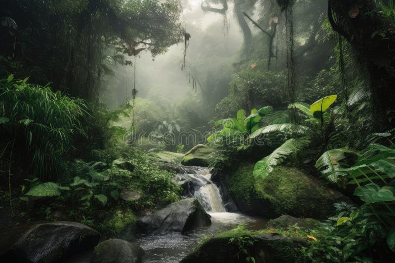 Serene Jungle Scene with Waterfall, Surrounded by Mist and Greenery ... Serene Jungle Scene with Waterfall, Surrounded by Mist and Greenery ...