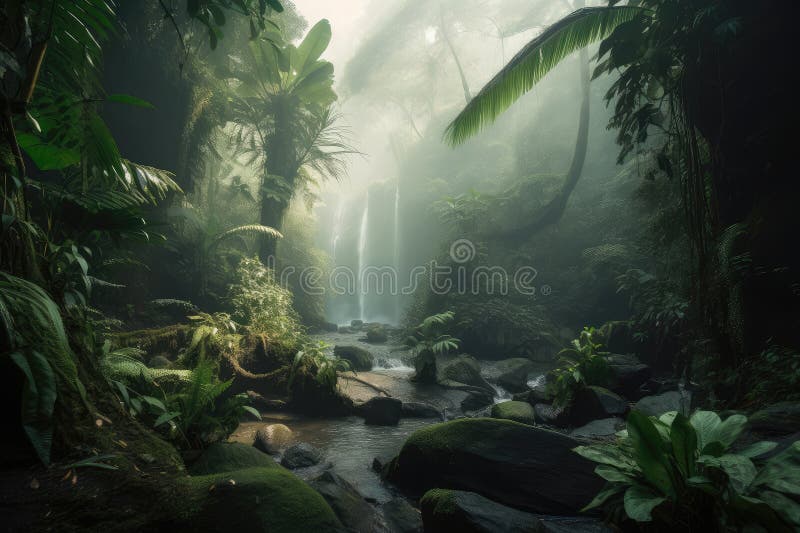 Serene Jungle Scene with Waterfall, Surrounded by Mist and Greenery ... Serene Jungle Scene with Waterfall, Surrounded by Mist and Greenery ...