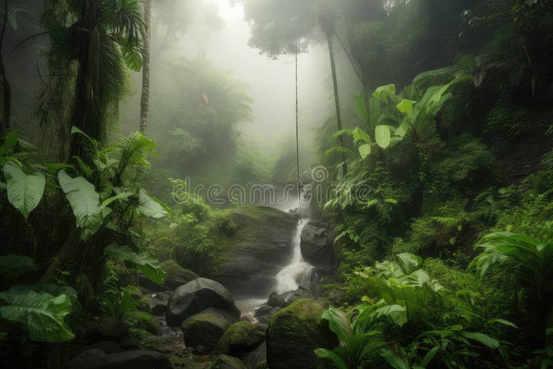 Serene Jungle Scene with Waterfall, Surrounded by Mist and Greenery ... Serene Jungle Scene with Waterfall, Surrounded by Mist and Greenery ...