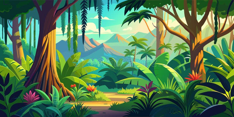 Serene Jungle View with Tall Trees and Distant Mountains Stock ...