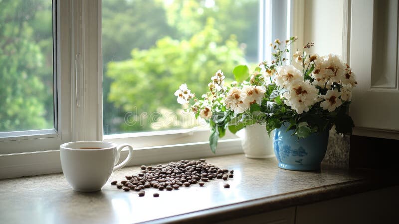 A Serene Kitchen Scene Featuring Coffee, Beans, and Flowers by a Window ...