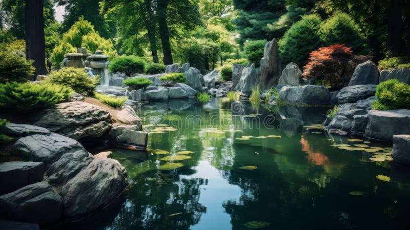 Serene Koi Pond Enclosed by Rocks Stock Illustration - Illustration of ...