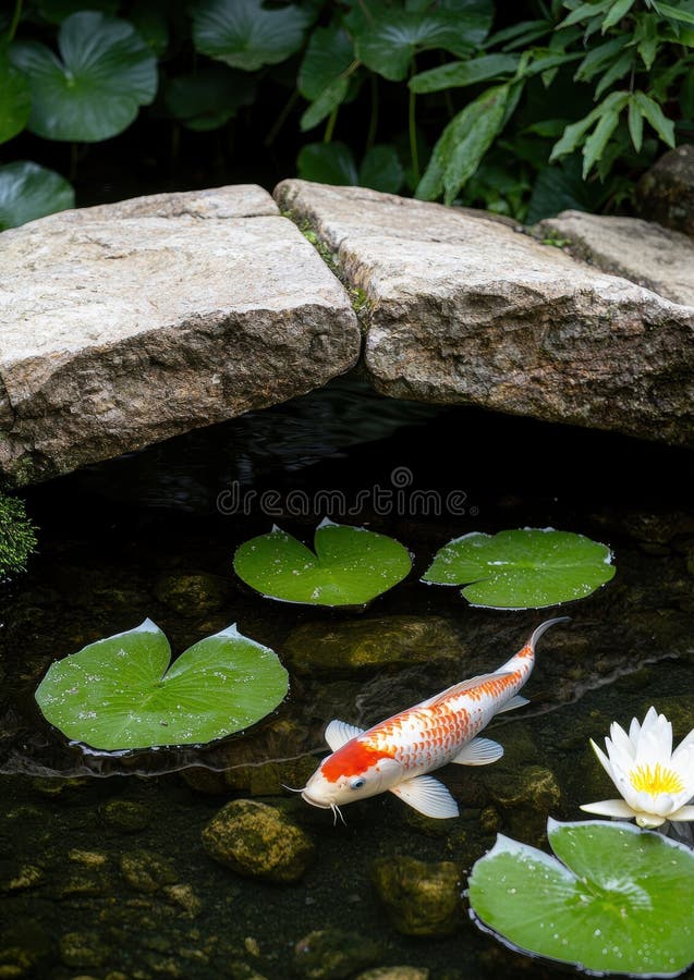 Serene Koi Pond with Lily Pads and Rocks Stock Illustration ...