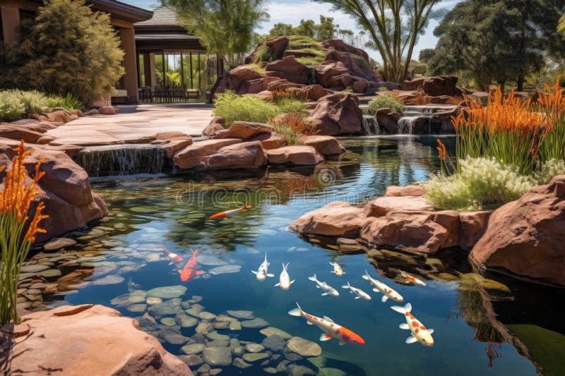 Serene Koi Pond Surrounded by Zen Garden Rocks Stock Illustration ...