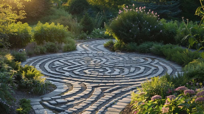 Serene Labyrinth Pathway in Beautiful Green Garden Setting Stock ...