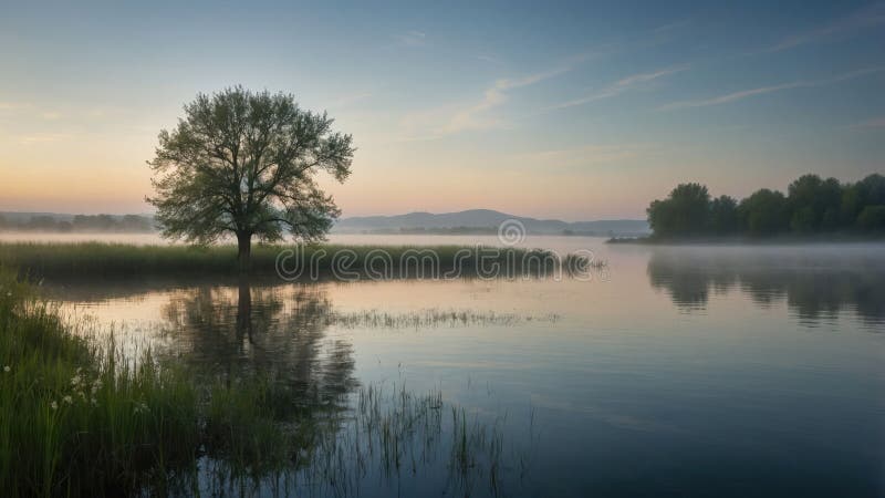 Serene Sunrise: Solitary Tree Reflecting in Misty Lake Waters Stock ...