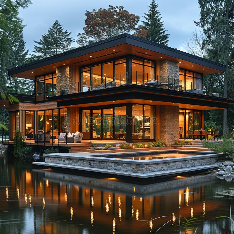 Serene Lake House with Panoramic Views and Open Living Spaces Stock ...