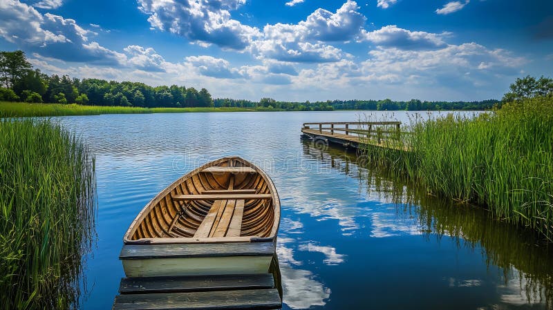 Serene Lake Landscape with Row Boat and Vintage Wooden Dock Stock Image ...