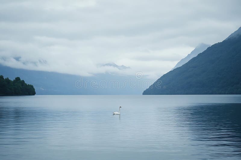 A Serene Lake with a Lone Swan Gliding Across the Surface. Stock ...