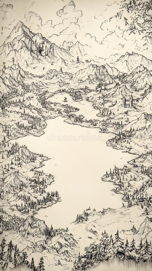Serene Lake and Mountain Landscape: Ink Drawing Stock Illustration ...