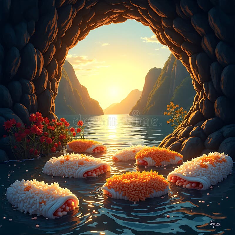 Relaxing Lake Scene with Sunrise and Unusual Floating Objects Stock ...