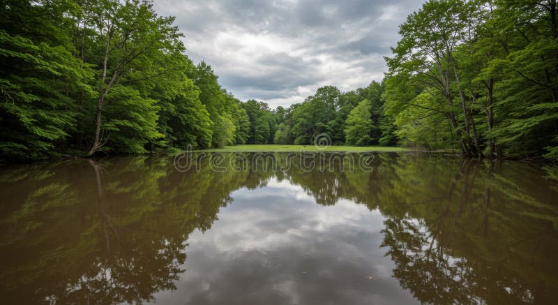 Serene Lake Reflection with Lush Green Trees Under an Overcast Sky ...